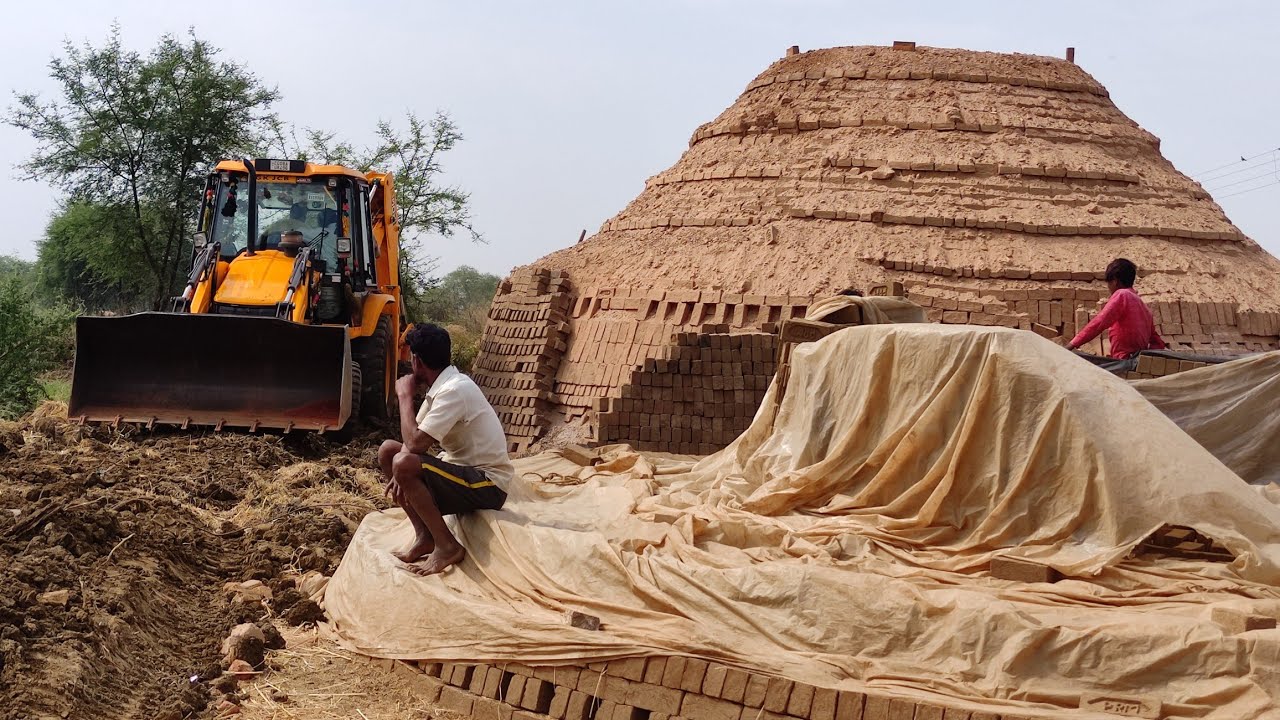 jcb backhoe loader digging brick bhatta and village boy operate - YouTube