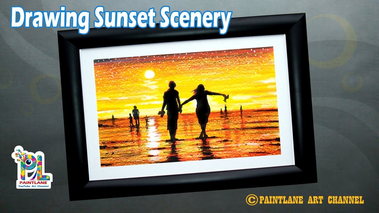 How to draw Sunset Scenery Drawing with people for beginners | Step by ...