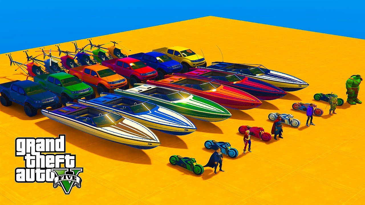 GTA V Mega Ramp On Super Cars, Bikes, Jets and Boats with Trevor and ...