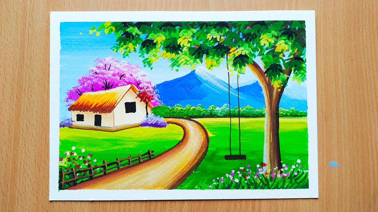 Village Scenery drawing // easy poster colour #drawing #art #for # ...