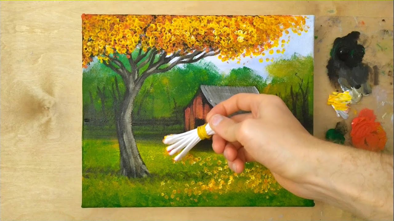 SIMPLE Autumn Painting Tutorial / Old Red Cabin / Step by Step for ...