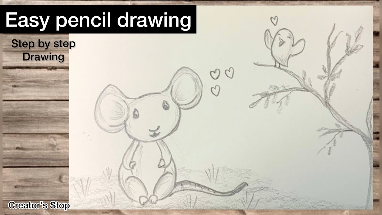 Cute animal Drawing. How to draw mouse and singing bird. Easy Pencil ...