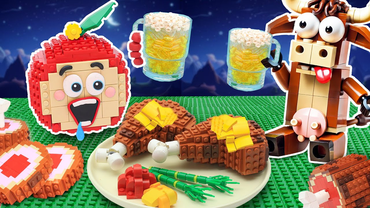 BBQ Picnic Steak & Drinks Feast ! LEGO Party with a Funny Cow! | Lego ...