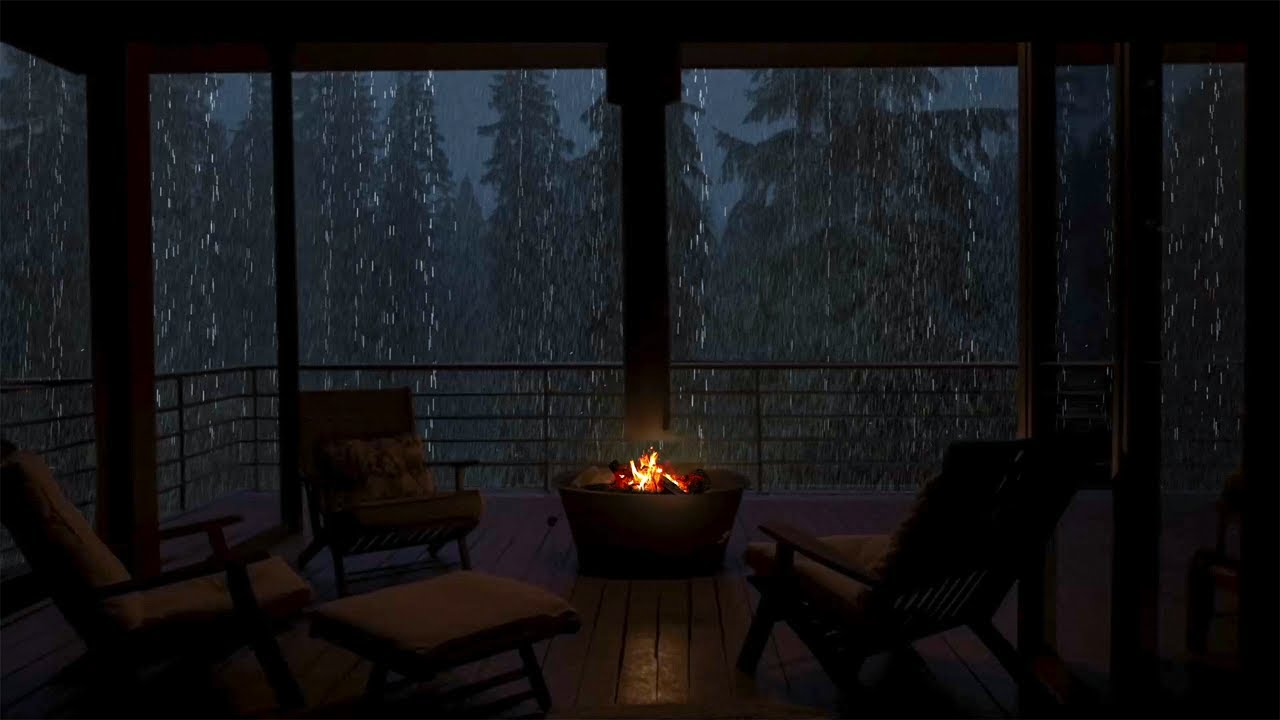 Balcony Rain☔ With the Sound of Heavy Rain and Crackling fire - Rain on ...