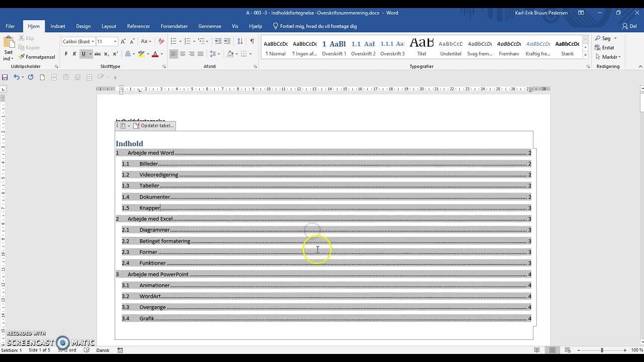Indholdsfortegnelse der er nummereret - YouTube
