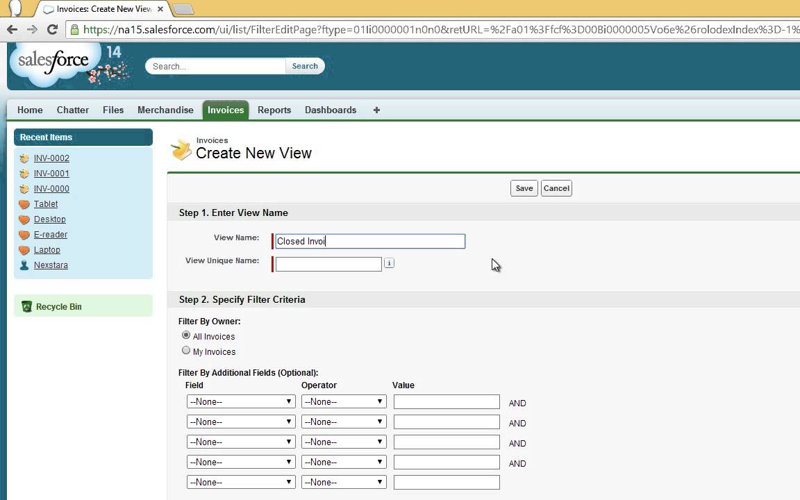 Nexstara Salesforce Force.com Workbook Walkthrough - Chapter 2 Section 1 - Create Views of Data ...