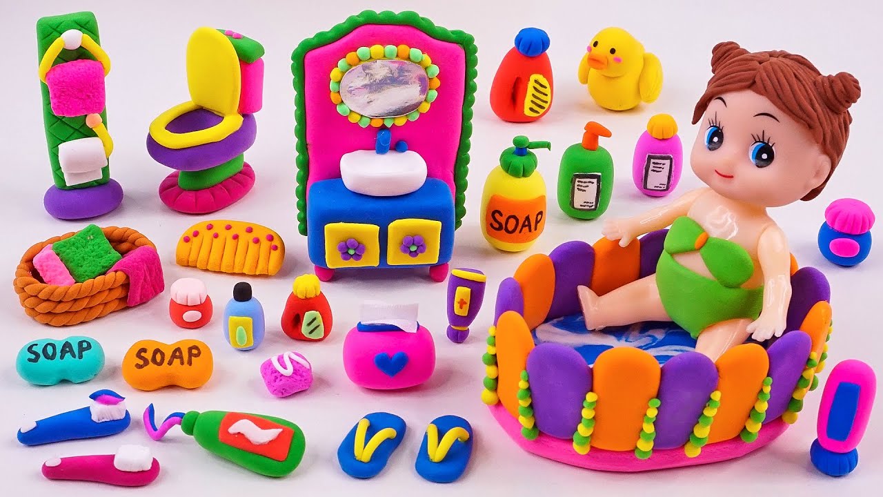 DIY How to make polymer clay miniature Bathroom set, Bathtub, Lavabo ...