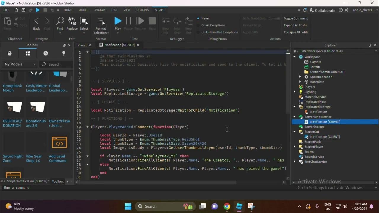 How to make an Owner's joined notification on roblox studio - YouTube