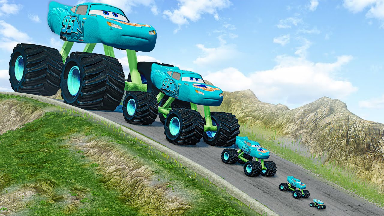 Big & Small Monster Truck Dinoco Mcqueen vs DOWN OF DEATH in BeamNG ...