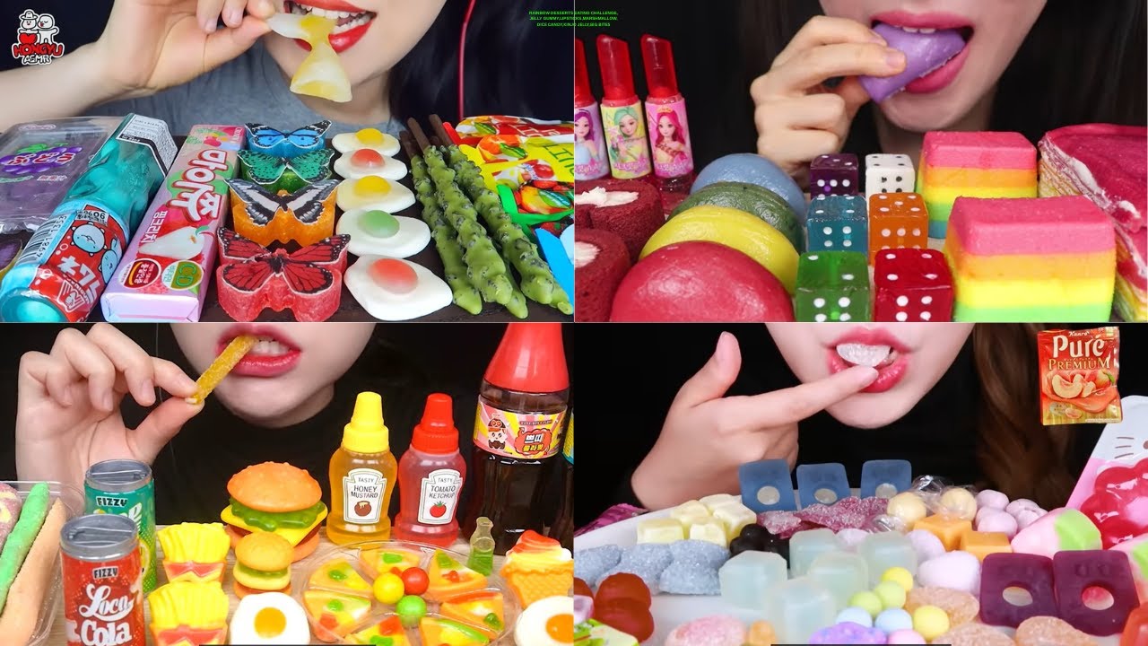 RAINBOW DESSERTS EATING CHALLENGE,JELLY GUMMY,LIPSTICKS,MARSHMALLOW ...