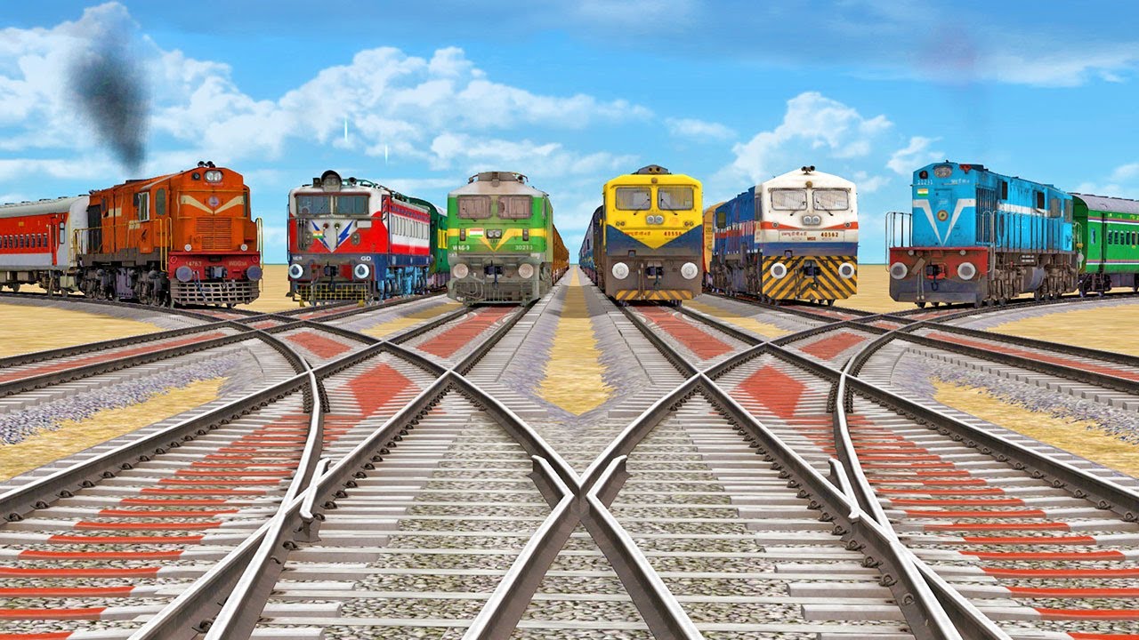 6 DIFFERENT TRAINS RUNNING ON BUMPY BRANCHED DIAMOND RAILROAD CROSSING ...