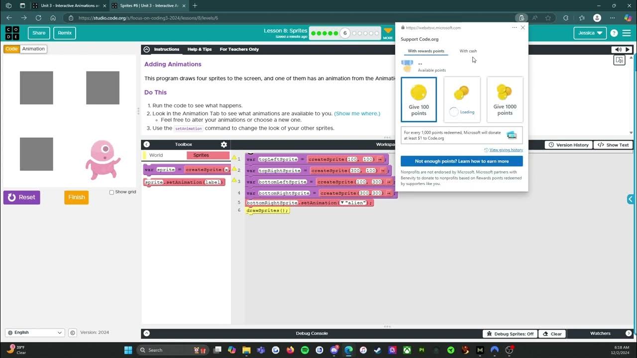 Code.org - CS Discoveries - Unit 3: Interactive Animations & Games: Lesson 8: Level 6 - YouTube