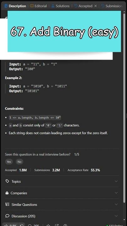 67. Add Binary Easy #coding #leetcode #programming - YouTube