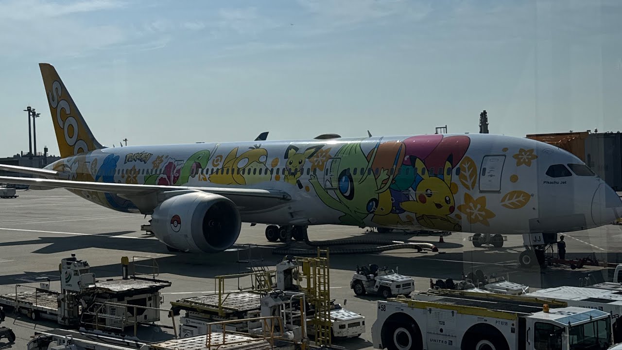 Scoot special livery “Pikachu Jet” 787. Reg: 9V-OJJ takeoff from Narita ...