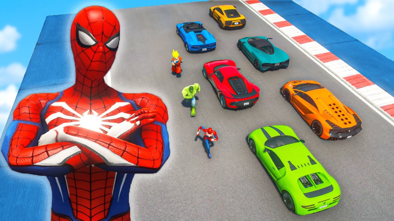 SPIDERMAN TEAM With SUPER CARS SUPERHEROES JUMP Challenge On RAMPS EP ...