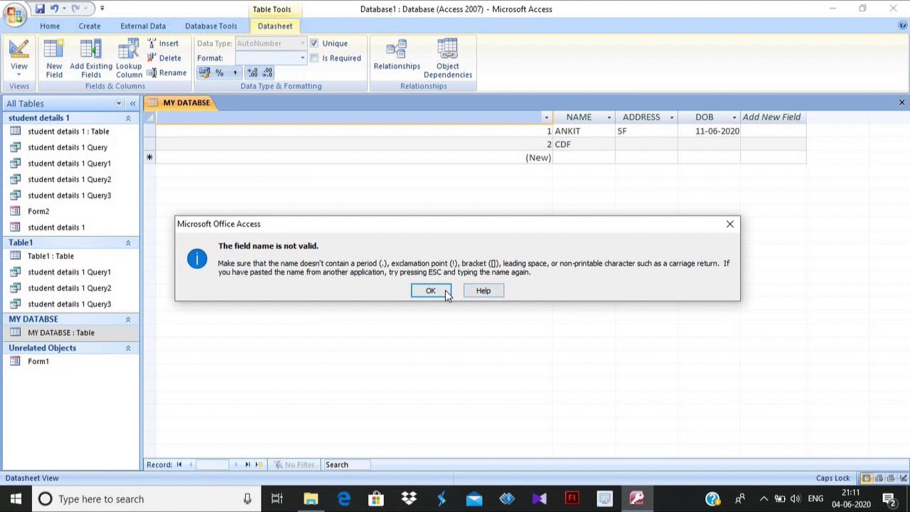 Rules for naming a field in MS Access - YouTube