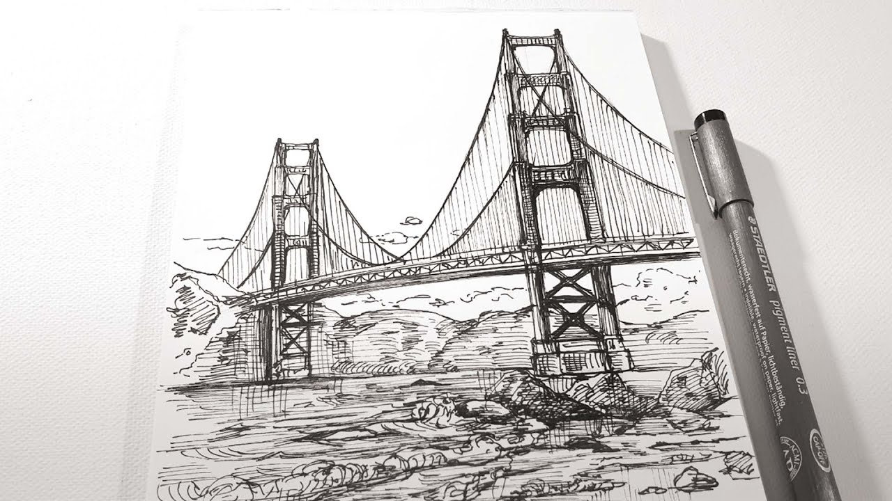 Golden Gate Bridge - pen drawing - YouTube