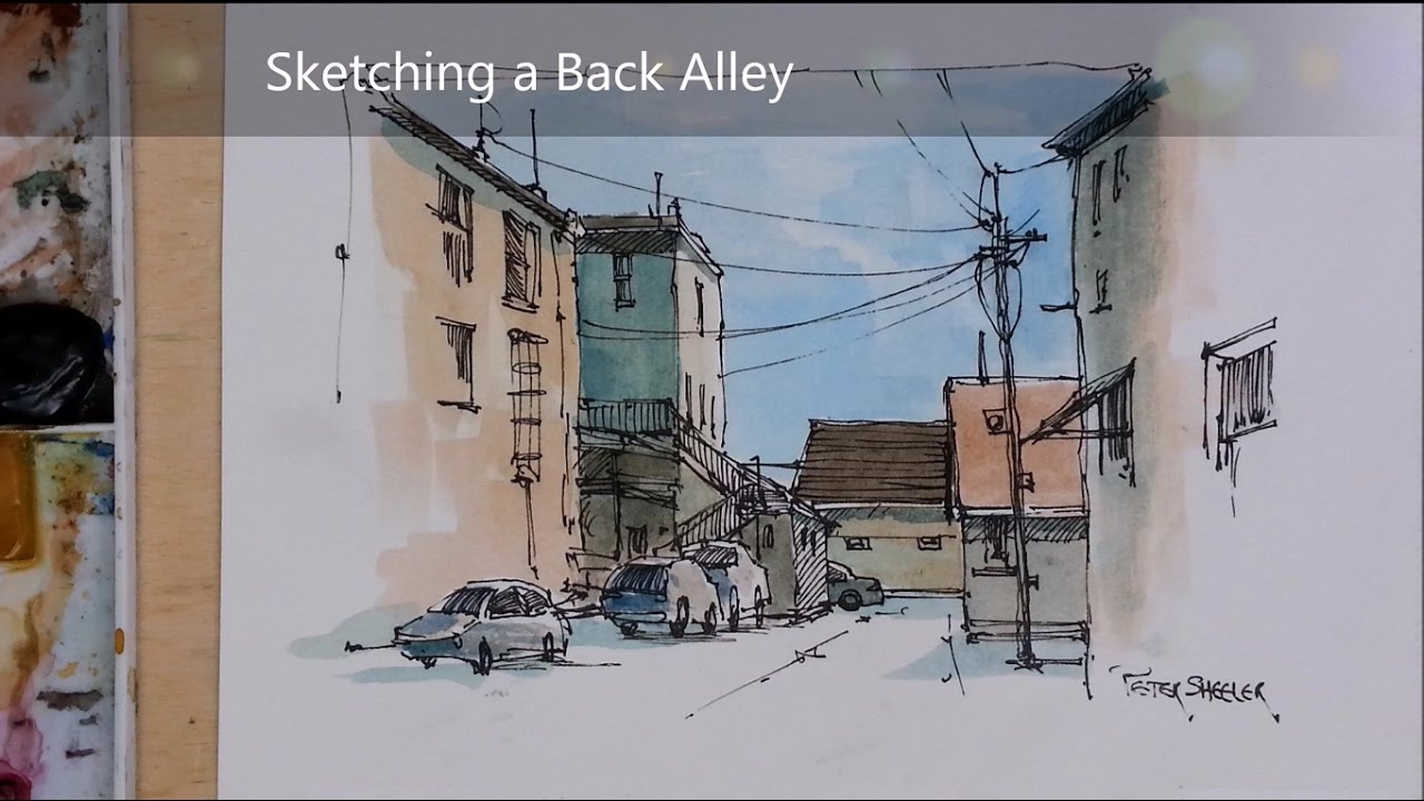Line and Wash Watercolor Alley with Cars. Demonstration of my ...