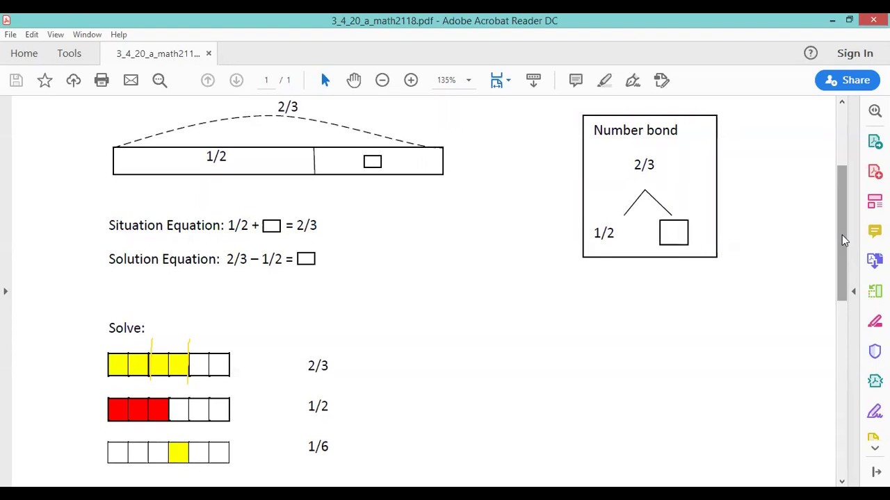 Put Together/Take Apart Problem for 1/2 + ? = 2/3 - YouTube