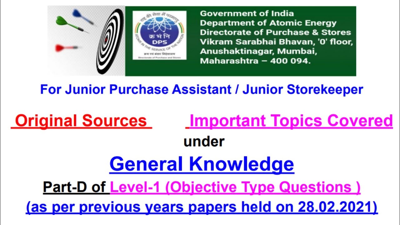 DAE DPS JPA JSK Important Topics for Part D General Knowledge of Level ...