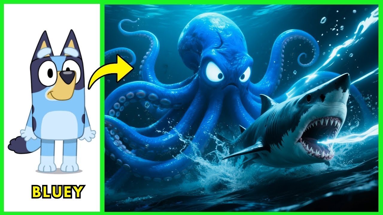 Bluey Characters as Giant Octopus Monsters vs Sharks! - YouTube