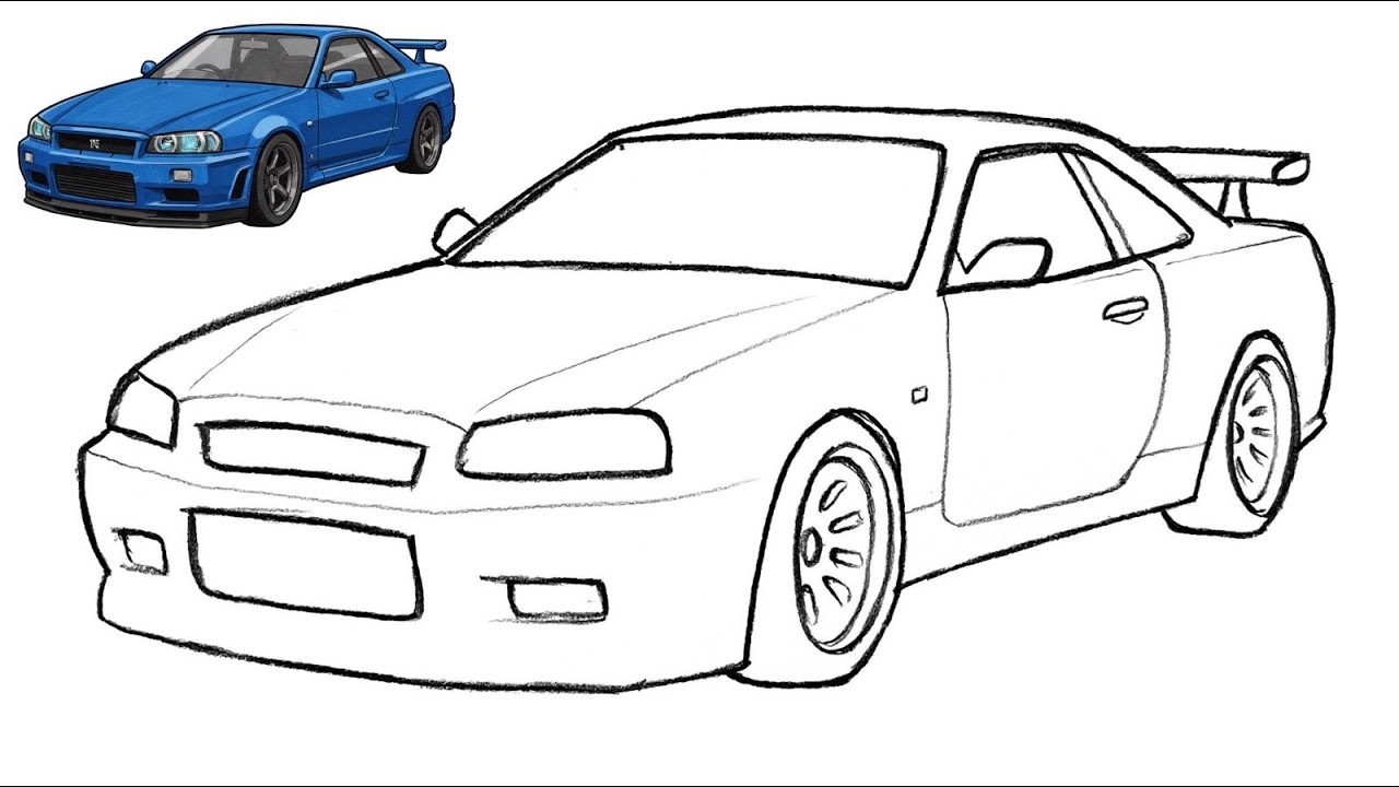 How to Draw a Nissan Skyline R34 GT R | Step by Step Car Drawing ...