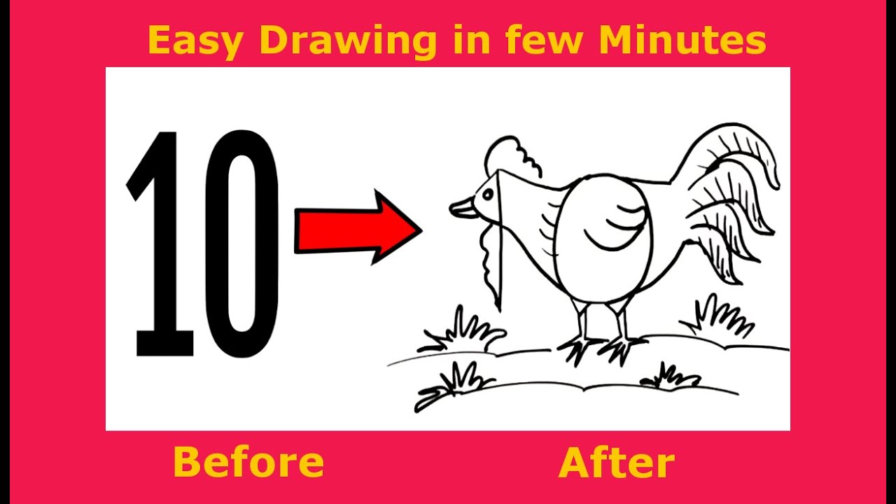 How To Draw Hen Using Number "10" | kids Easy Art | Numbers drawing ...