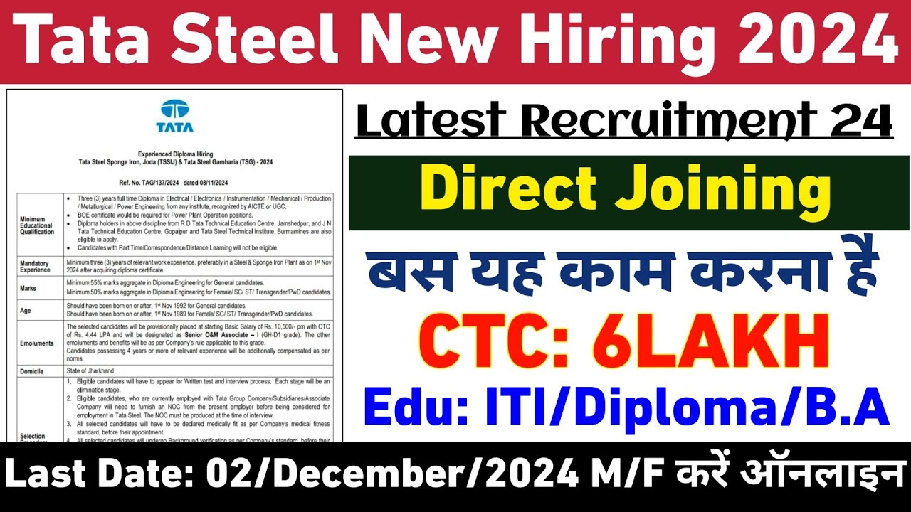 Tata Steel Jamshedpur Recruitment 2024 | Job Vacancy For Fresher | CTC ...