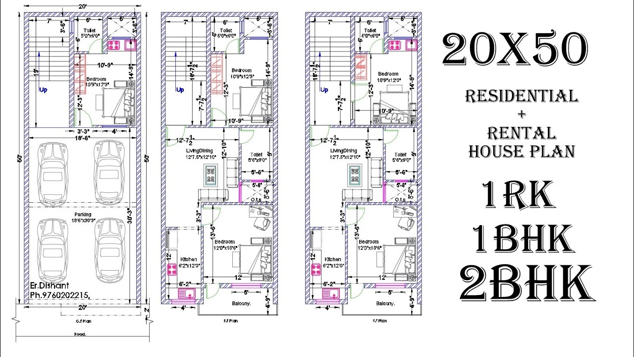 20X50 RESIDENTIAL+RENTAL HOUSE PLAN 1RK 1BHK 2BHK 4 CAR PARKING - YouTube