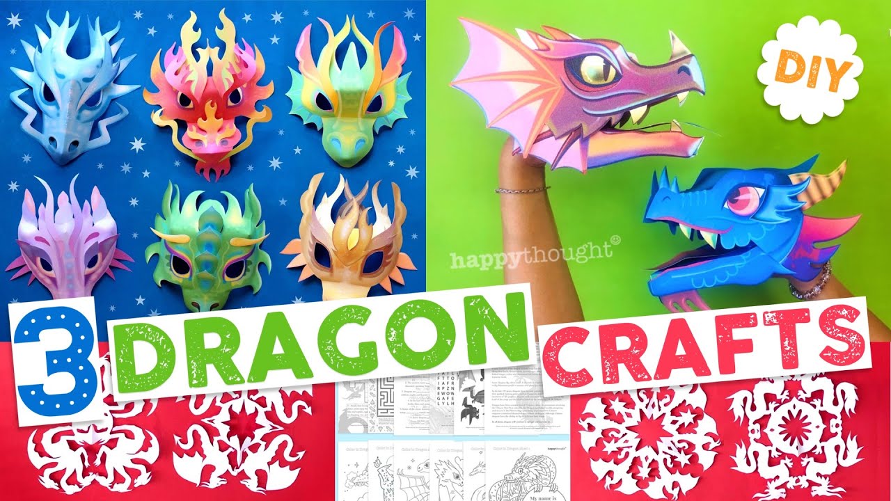 3 DIY Dragon craft activity tutorials. Color and create Dragon puppets ...