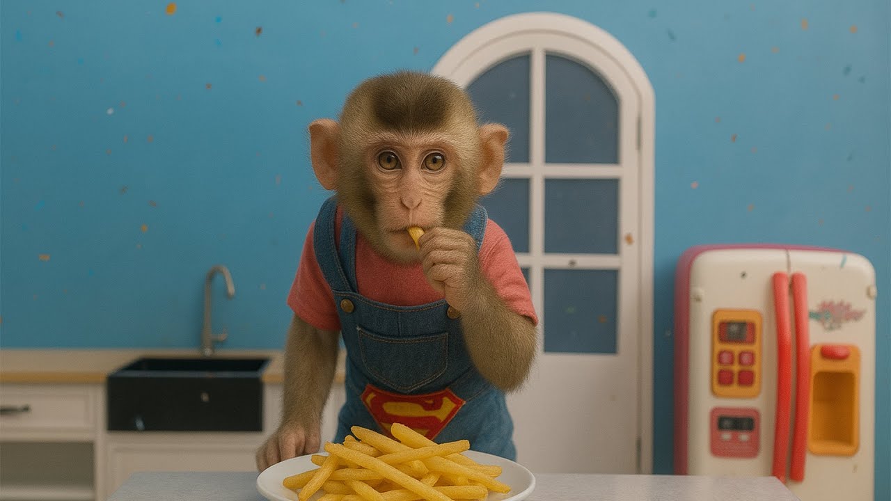 Mono KiKi realizar papas fritas, habilidad de cocina de comida rápida ...