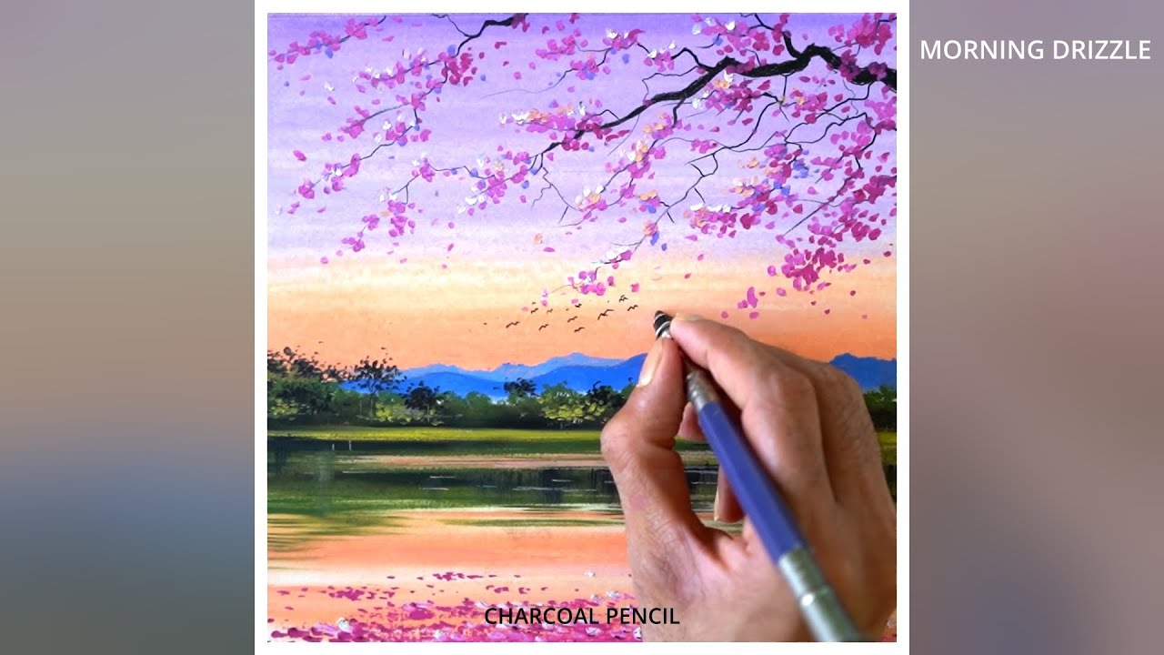 Draw a beautiful evening scenery using OIL PASTEL - with colour names ...