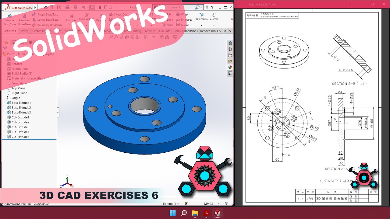 SolidWorks | 3D CAD EXERCISES 6 | StudyCadCam | Solution Tutorial ...