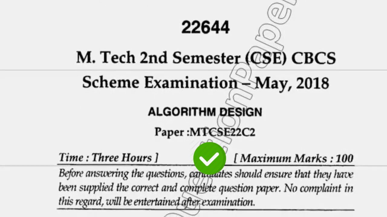 2018 MTech 2nd Sem CSE CBCS Scheme Algorithm Design Question Paper ...