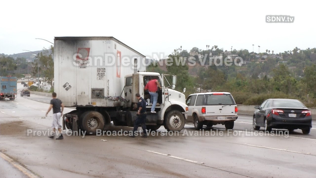 SLICK ROADS CAUSE BIG RIG TO JACK KNIFE, LA MESA - YouTube
