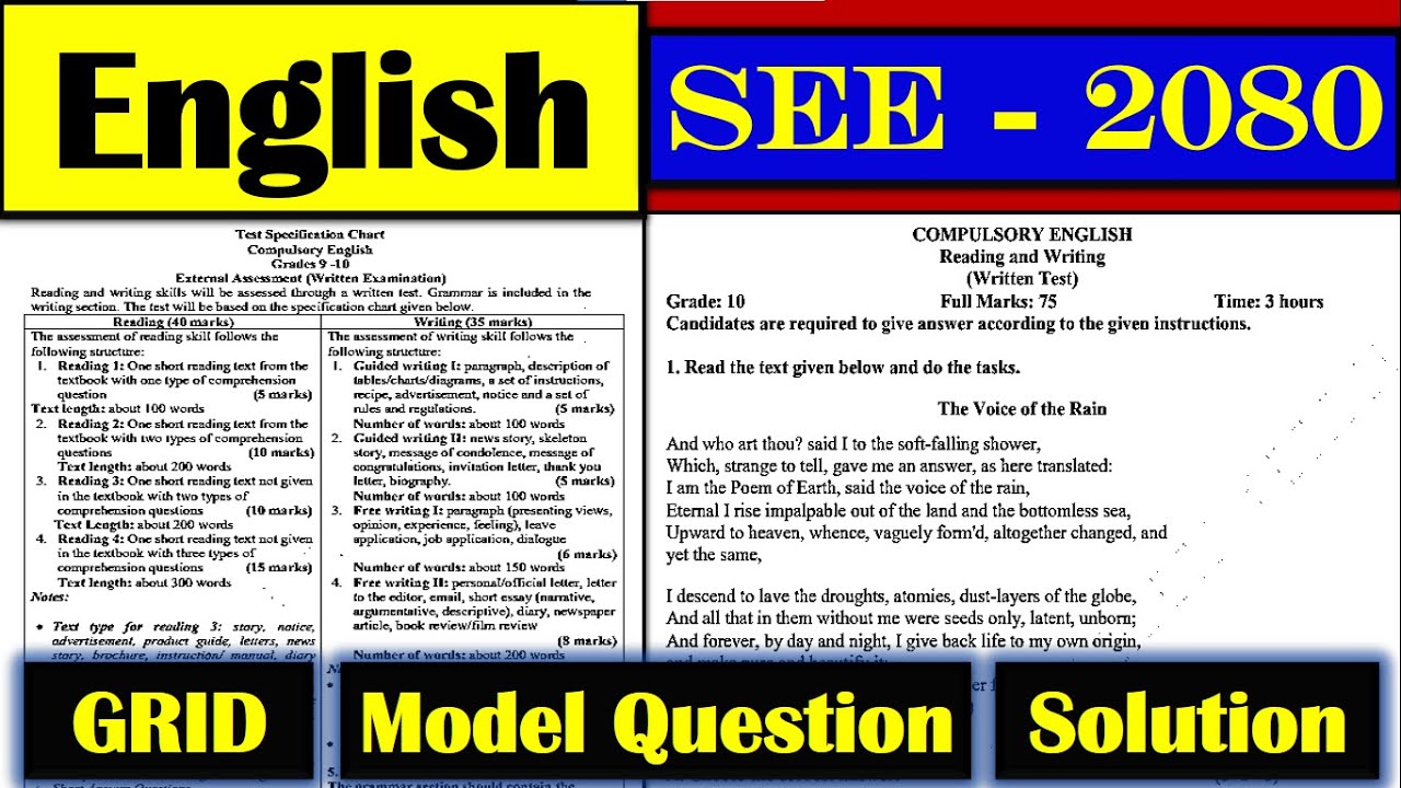 SEE - 2080, English New Model Question Paper & Grid, Class - 9/10, New ...