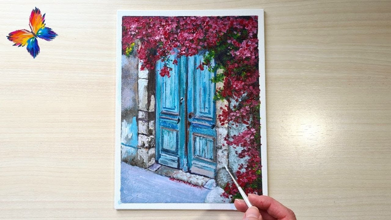 Pintar en lienzo una PUERTA con flores con acrílicos - YouTube