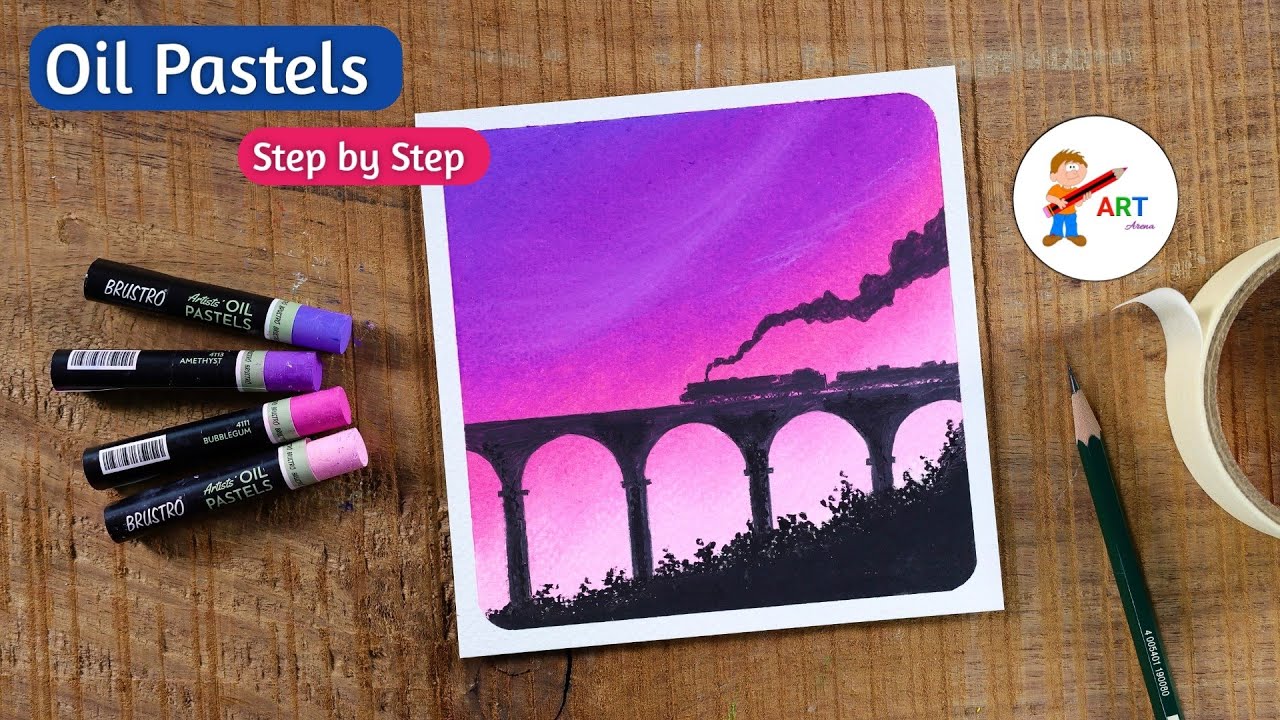 A Train on Bridge in Morning / Drawing with Oil Pastels / Step by Step ...