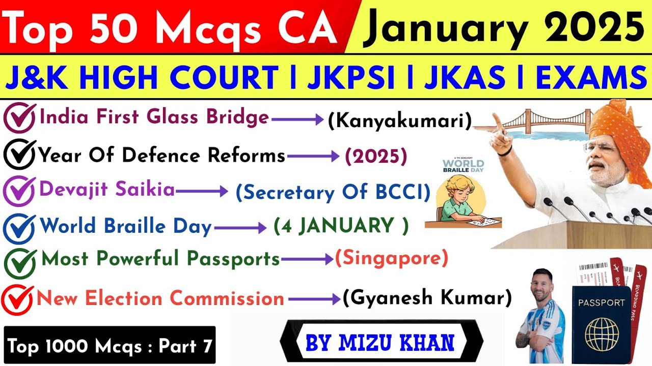 JANUARY CURRENT AFFAIRS MCQs 2025 | FOR J&k LADAKH HIGH COURT JUNIOR ...