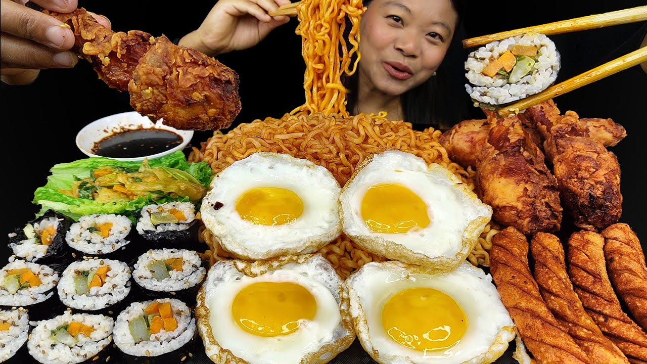 Eating 3x Korean Spicy Noodles With Fried Chicken, Gimbap, Sausages and Eggs🔥Mukbang, Eating ...