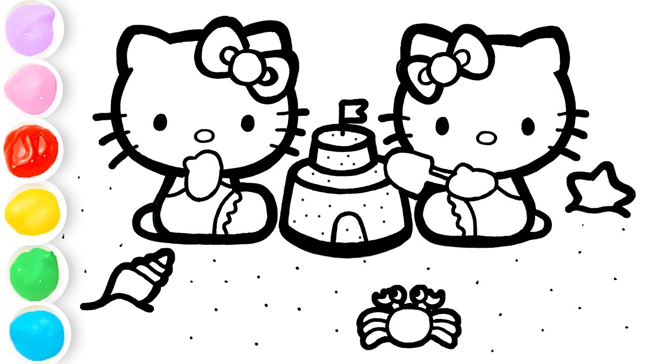 Hello Kitty Playing Sand Castle on Beach Drawing, Painting, Coloring ...
