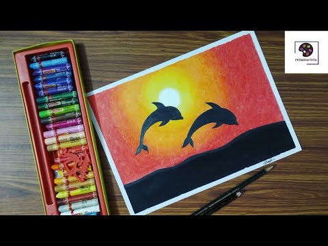 Dolphin Scenery | Drawing Dolphin Sunset Scenery With Oil Pastel | Oil Pastel Drawing For Beginners