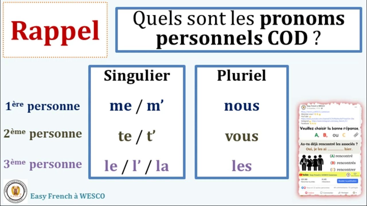Réponse au QUIZ (Accord du participe passé avec les pronoms COD ...