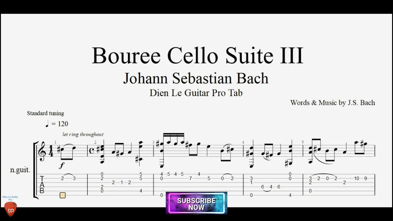 Bouree Cello Suite III by Bach for Guitar Tutorial with TABs - YouTube