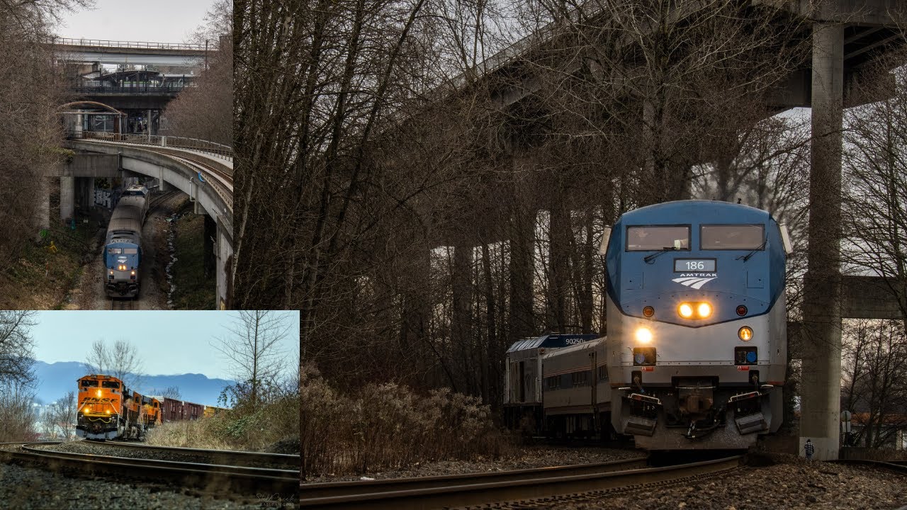 AMTK 186 Leads Amtrak Cascades Northbound Into Vancouver + BNSF Manifest And CN Light Move ...
