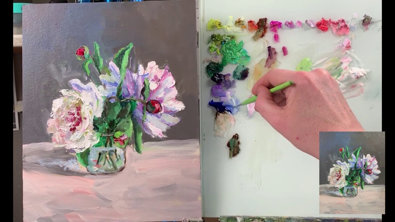 Flowers Peonies Oil painting. Palette knife and brush. Demo. - YouTube