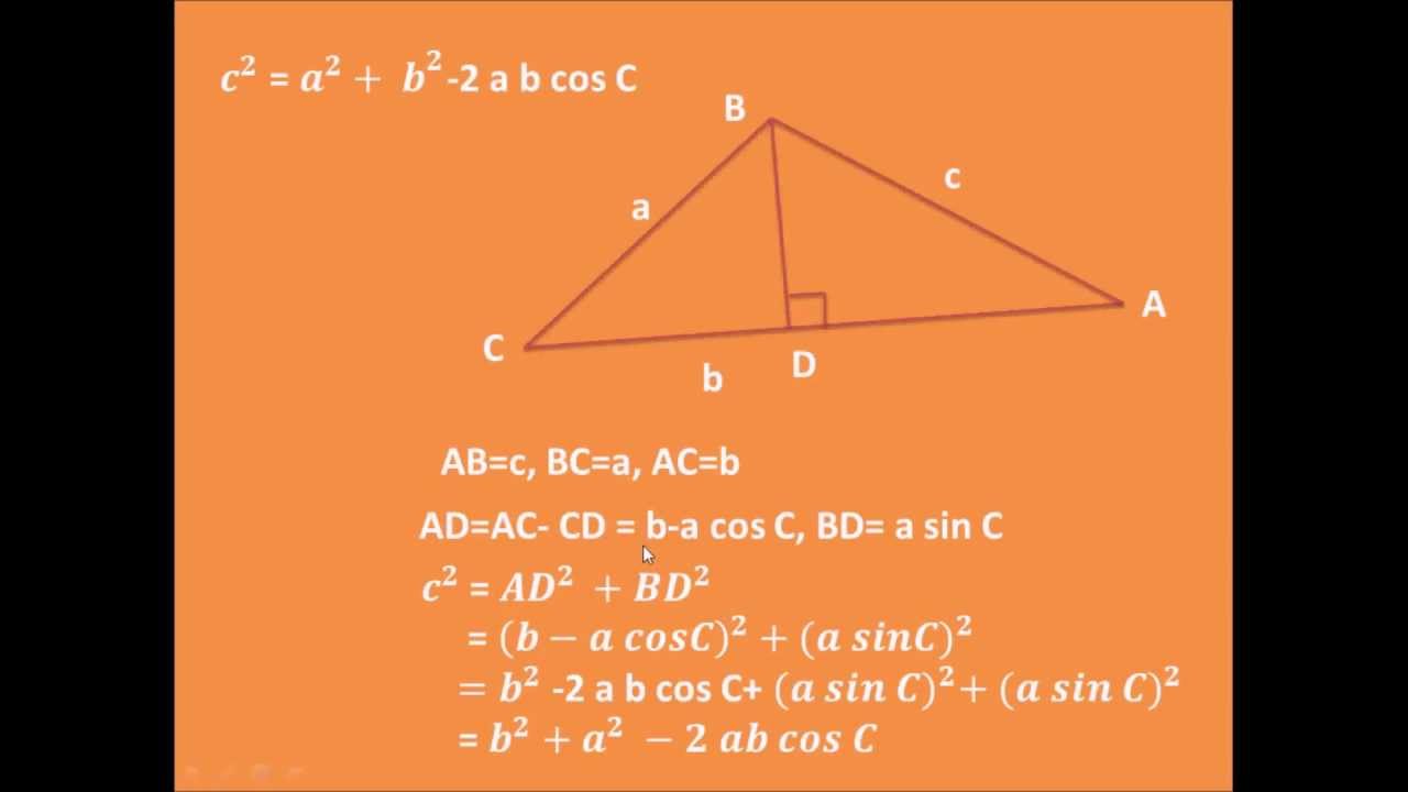 Prove The Law Of Cosines C2 A2 b2 2 A B Cos C For A Triangle YouTube