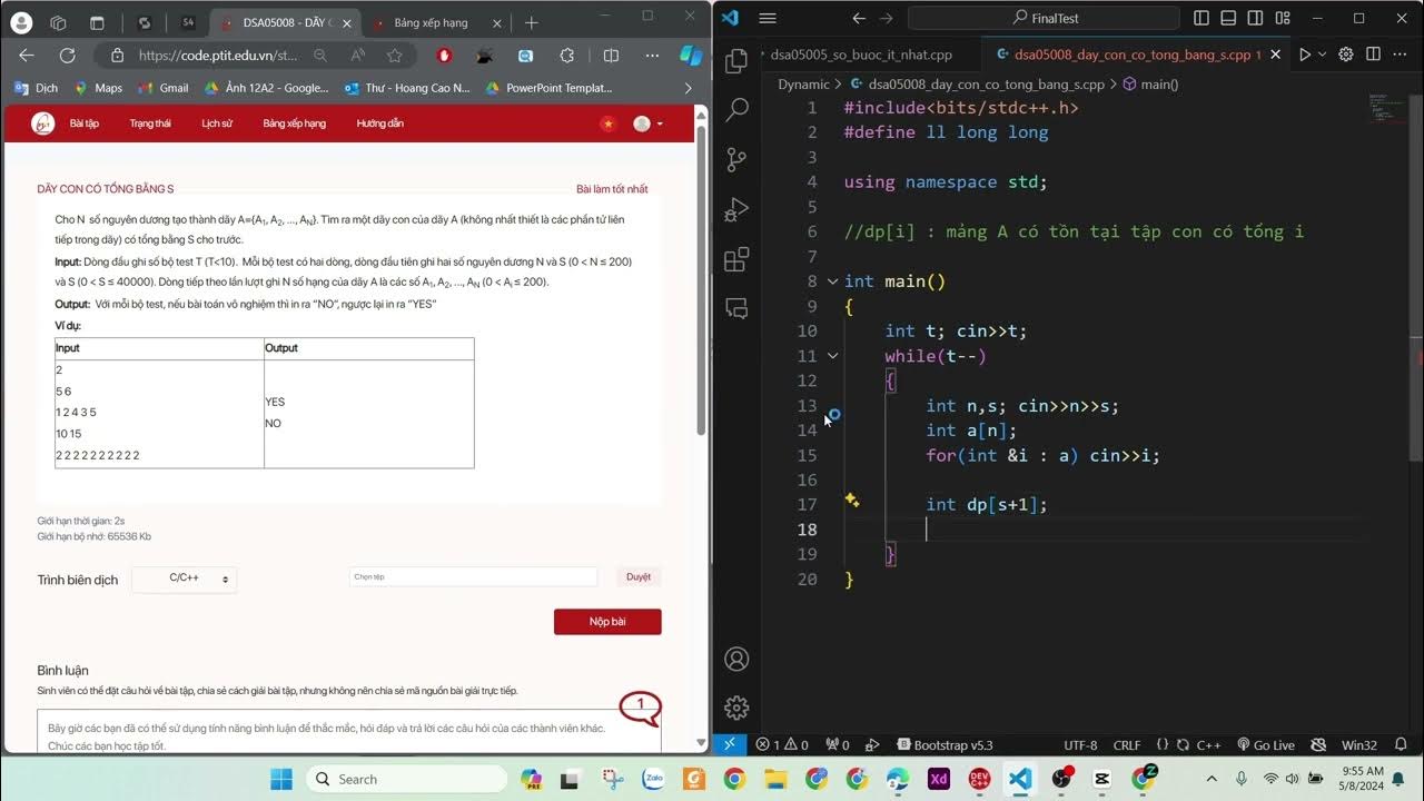 DSA with C++ | CODEPTIT | Quy hoạch động | DSA05008 - Dãy con có tổng bằng S - YouTube