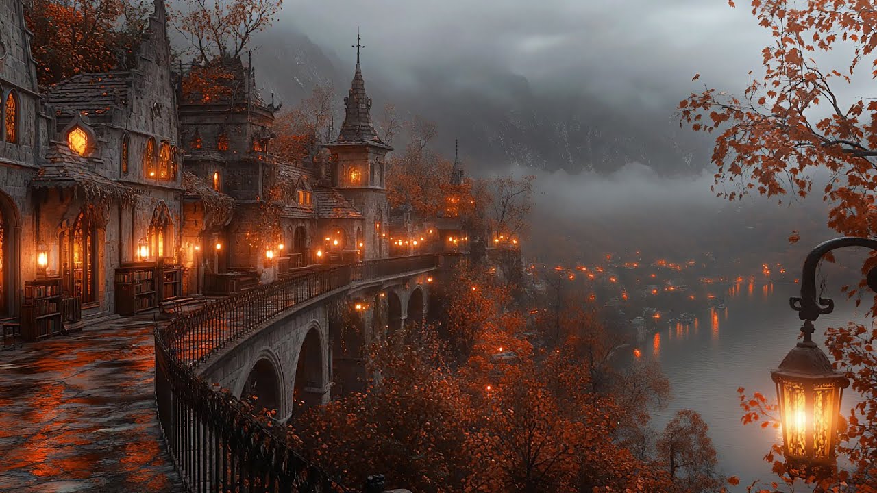 Victorian Balcony Over the Gothic Village🌧️ Beneath Autumn Misty Rain ...