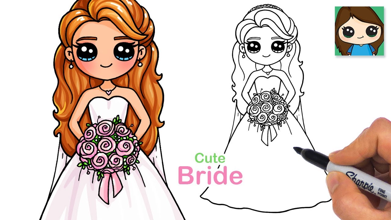 How to Draw a Pretty Bride with Flower Bouquet - YouTube